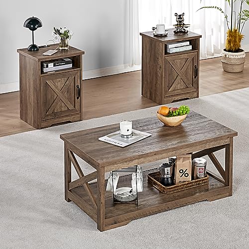 AMERLIFE 5-Piece Farmhouse Table Set Includes Fireplace TV Stand, Coffee Table& Two End Tables with Charging Station and USB Ports, for Living Room, Barnwood