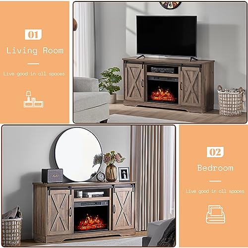 AMERLIFE 5-Piece Farmhouse Table Set Includes Fireplace TV Stand, Coffee Table& Two End Tables with Charging Station and USB Ports, for Living Room, Barnwood