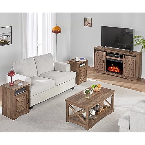 AMERLIFE 5-Piece Farmhouse Table Set Includes Fireplace TV Stand, Coffee Table& Two End Tables with Charging Station and USB Ports, for Living Room, Barnwood