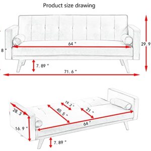 Eafurn Tufted Cotton Futon Sofa Couch Room Convertible Sleeper Guest Bed Dyabed Twin Size with Quick Adjustable Backrest and 2 Pillows for Compact Living Spaces, Light Gray