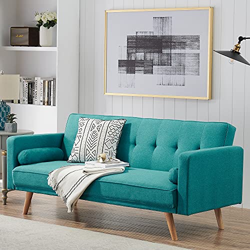 Eafurn Tufted Cotton Futon Sofa Couch Room Convertible Sleeper Guest Bed Dyabed Twin Size with Quick Adjustable Backrest and 2 Pillows for Compact Living Spaces, Light Gray