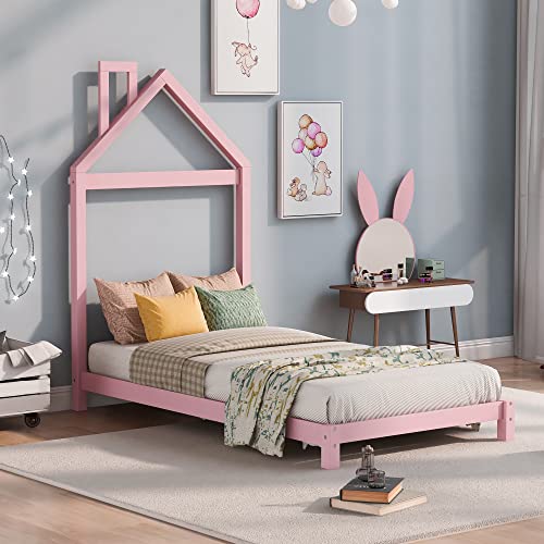 BIADNBZ Twin Size Platform Bed Frame with House-Shaped Headboard for Kids Boys Girls Bedroom, Wooden Slats Support, No Box Spring Needed, Pink