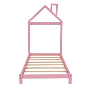 BIADNBZ Twin Size Platform Bed Frame with House-Shaped Headboard for Kids Boys Girls Bedroom, Wooden Slats Support, No Box Spring Needed, Pink