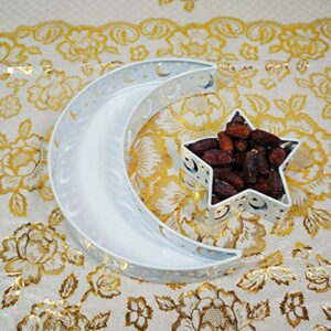 BELOWSYALER Dessert Tray,Eid Mubarak Moon Star Serving Tray Tableware Dessert Food Storage Muslim Islamic for Breakfast Dinner Dessert Pastry Display Holder Decoration Ornament