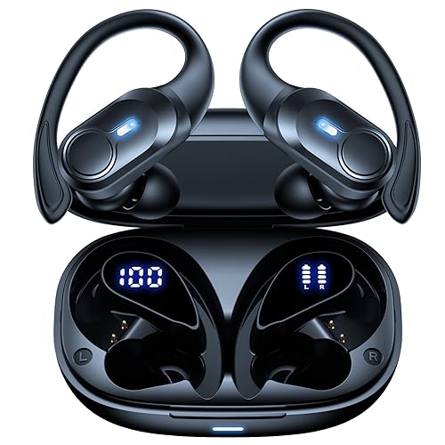 Wireless Earbuds Bluetooth Headphones 70hrs Playback Ear Buds IPX7 Waterproof with Wireless Charging Case & Dual Power Display Over-Ear Stereo Bass Earphones with Earhooks for Sports/Workout/Running