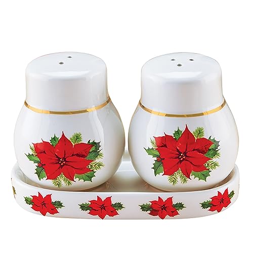 Collections Etc Hand-Painted Poinsettia Salt & Pepper Shaker 3-Piece Set