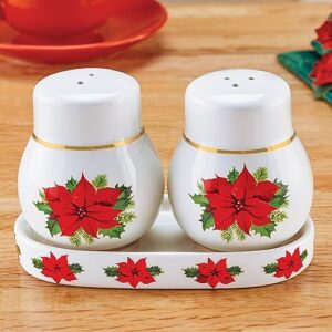 Collections Etc Hand-Painted Poinsettia Salt & Pepper Shaker 3-Piece Set