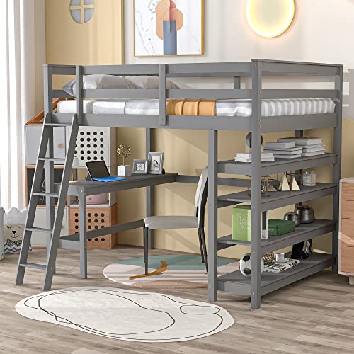 DEYOBED Full Size Wooden Loft Bed Frame with Under-Bed Desk and 4-Tier Storage Shelves - Smart Space-Saving Solution for Teens and Kids' Bedrooms