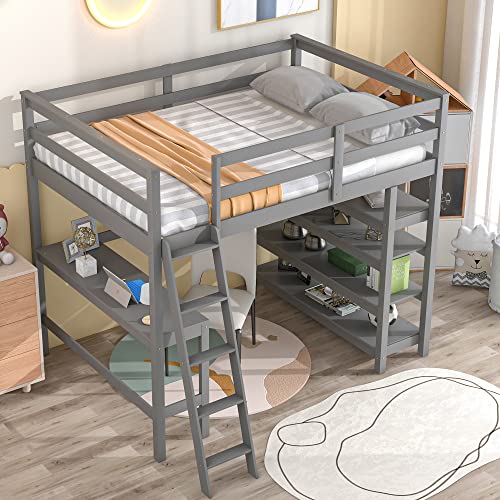 DEYOBED Full Size Wooden Loft Bed Frame with Under-Bed Desk and 4-Tier Storage Shelves - Smart Space-Saving Solution for Teens and Kids' Bedrooms