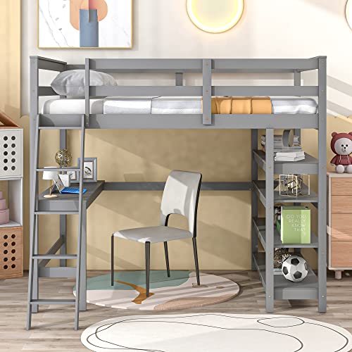 DEYOBED Full Size Wooden Loft Bed Frame with Under-Bed Desk and 4-Tier Storage Shelves - Smart Space-Saving Solution for Teens and Kids' Bedrooms