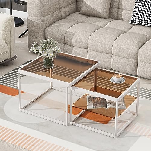 VKKILPEE Modern Nesting Coffee Table Set with High-Low Combination Design, Brown Tempered Glass Square Cocktail Table, White Metal Frame, Length Adjustable 2-Tier Center End Table for Living Room