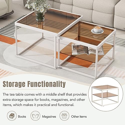 VKKILPEE Modern Nesting Coffee Table Set with High-Low Combination Design, Brown Tempered Glass Square Cocktail Table, White Metal Frame, Length Adjustable 2-Tier Center End Table for Living Room