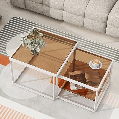 VKKILPEE Modern Nesting Coffee Table Set with High-Low Combination Design, Brown Tempered Glass Square Cocktail Table, White Metal Frame, Length Adjustable 2-Tier Center End Table for Living Room