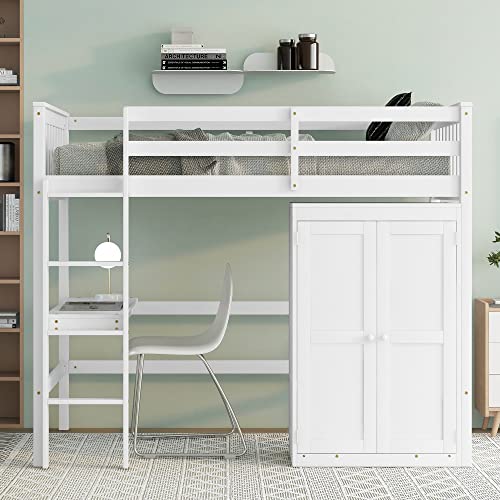 BIADNBZ Wooden Loft Bed with Desk and Wardrobe, Twin Size Loftbed Frame with Storage Closet&Bulid-in Ladder, for Kids Teens Bedroom, White