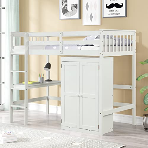 BIADNBZ Wooden Loft Bed with Desk and Wardrobe, Twin Size Loftbed Frame with Storage Closet&Bulid-in Ladder, for Kids Teens Bedroom, White