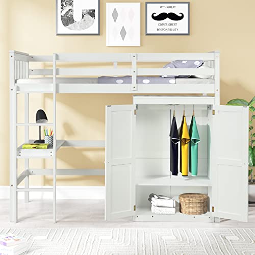 BIADNBZ Wooden Loft Bed with Desk and Wardrobe, Twin Size Loftbed Frame with Storage Closet&Bulid-in Ladder, for Kids Teens Bedroom, White