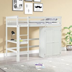 BIADNBZ Wooden Loft Bed with Desk and Wardrobe, Twin Size Loftbed Frame with Storage Closet&Bulid-in Ladder, for Kids Teens Bedroom, White