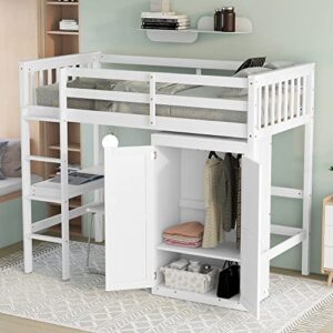 BIADNBZ Wooden Loft Bed with Desk and Wardrobe, Twin Size Loftbed Frame with Storage Closet&Bulid-in Ladder, for Kids Teens Bedroom, White