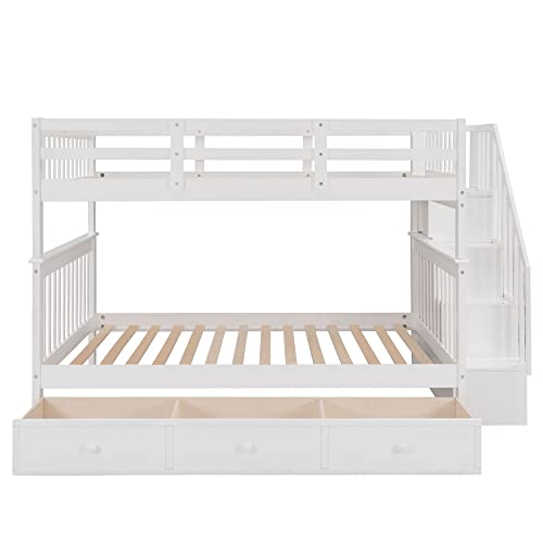 BIADNBZ Full Over Full Bunk Bed with Stairs Storage and Three Drawers, Detachable Stairway Wooden Bunkbeds Frame w/Guard Rail, for Kids Teens Adults Bedroom, White