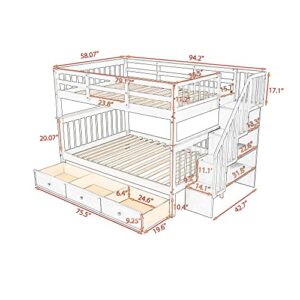 BIADNBZ Full Over Full Bunk Bed with Stairs Storage and Three Drawers, Detachable Stairway Wooden Bunkbeds Frame w/Guard Rail, for Kids Teens Adults Bedroom, White