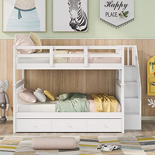 BIADNBZ Full Over Full Bunk Bed with Stairs Storage and Three Drawers, Detachable Stairway Wooden Bunkbeds Frame w/Guard Rail, for Kids Teens Adults Bedroom, White