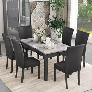 yunlife 7-piece kitchen dining 6, faux marble rectangular table with pu-leather chairs & 2 drawers for living room, breakfast nook, dinette furniture sets, black59.7”x34.5”x30”