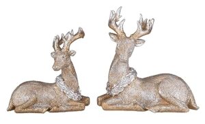 tenwaterloo gold and silver finish glittered sitting reindeer set, 7.5 inches x 5.5 inches each, resin christmas figurine set of 2