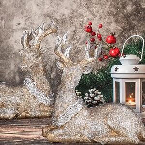 TenWaterloo Gold and Silver Finish Glittered Sitting Reindeer Set, 7.5 Inches x 5.5 Inches Each, Resin Christmas Figurine Set of 2