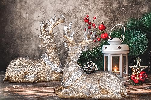 TenWaterloo Gold and Silver Finish Glittered Sitting Reindeer Set, 7.5 Inches x 5.5 Inches Each, Resin Christmas Figurine Set of 2