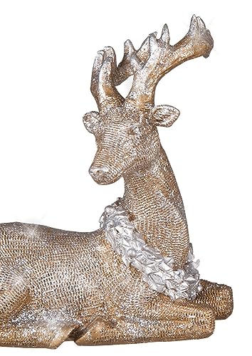 TenWaterloo Gold and Silver Finish Glittered Sitting Reindeer Set, 7.5 Inches x 5.5 Inches Each, Resin Christmas Figurine Set of 2