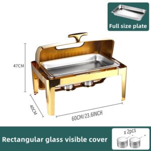 HONHPD 9 Quart Gold Stainless Steel Chafing Dish Buffet Set, Roll Top Rectangular Buffet Servers and Warmers Set Warming Tray, Chafer with Glass Window for Wedding, Parties, Catering（1pcs）