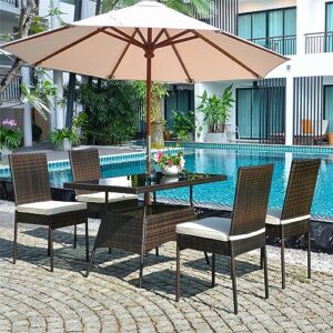 ZHYHSM-111 5 PCS Patio Rattan Dining Set Glass Table High Back Chair Garden Deck Mix Brown