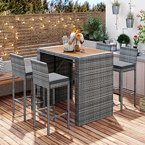 Tidyard 5-Pieces Outdoor Patio Wicker Bar Set, Bar Height Chairs with Non-Slip Feet and Fixed Rope, Removable Cushion, Acacia Wood Table Top Dining Set for Garden Patio Balcony