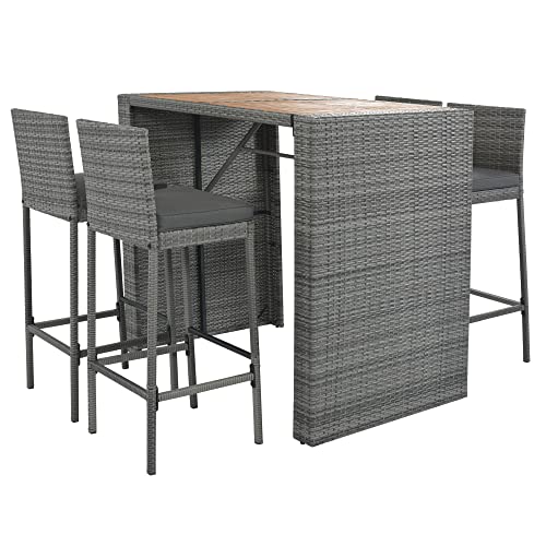 Tidyard 5-Pieces Outdoor Patio Wicker Bar Set, Bar Height Chairs with Non-Slip Feet and Fixed Rope, Removable Cushion, Acacia Wood Table Top Dining Set for Garden Patio Balcony