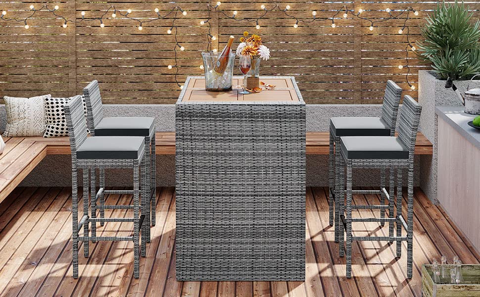 Tidyard 5-Pieces Outdoor Patio Wicker Bar Set, Bar Height Chairs with Non-Slip Feet and Fixed Rope, Removable Cushion, Acacia Wood Table Top Dining Set for Garden Patio Balcony