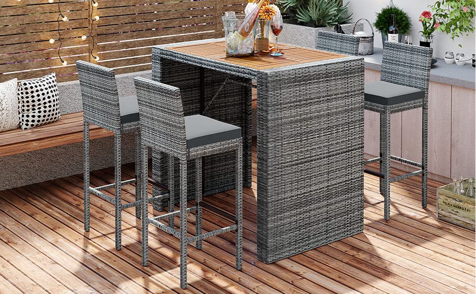 Tidyard 5-Pieces Outdoor Patio Wicker Bar Set, Bar Height Chairs with Non-Slip Feet and Fixed Rope, Removable Cushion, Acacia Wood Table Top Dining Set for Garden Patio Balcony