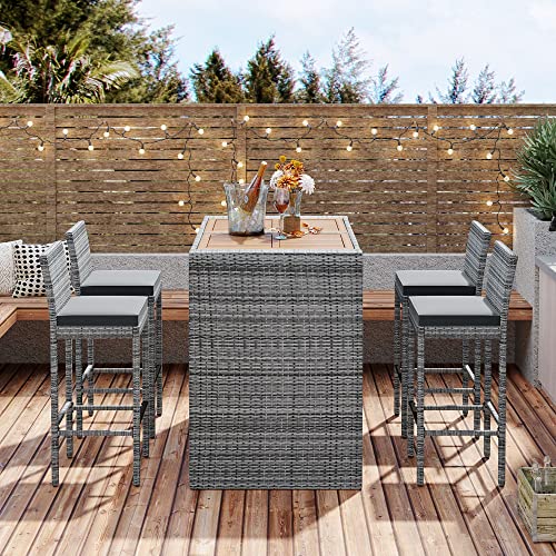 Tidyard 5-Pieces Outdoor Patio Wicker Bar Set, Bar Height Chairs with Non-Slip Feet and Fixed Rope, Removable Cushion, Acacia Wood Table Top Dining Set for Garden Patio Balcony