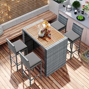 Tidyard 5-Pieces Outdoor Patio Wicker Bar Set, Bar Height Chairs with Non-Slip Feet and Fixed Rope, Removable Cushion, Acacia Wood Table Top Dining Set for Garden Patio Balcony