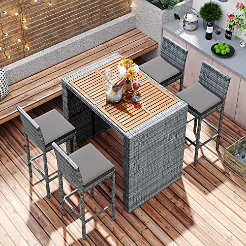 Tidyard 5-Pieces Outdoor Patio Wicker Bar Set, Bar Height Chairs with Non-Slip Feet and Fixed Rope, Removable Cushion, Acacia Wood Table Top Dining Set for Garden Patio Balcony