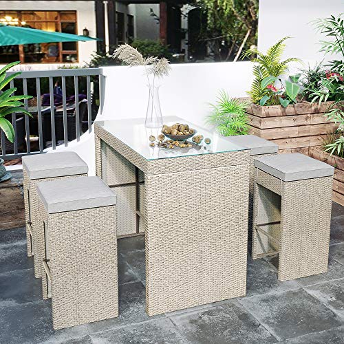 Tidyard 5-Piece Rattan Outdoor Patio Furniture Set Bar Dining Table Set with 4 Stools, Brown Cushion Brown Wicker Garden Conversation Set for Garden Balcony Outside Furniture Patio