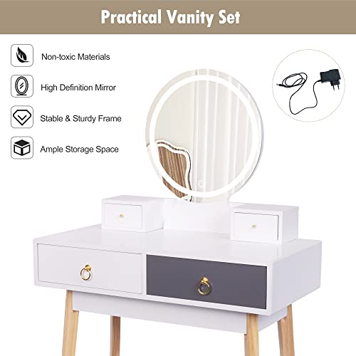 Tidyard Makeup Vanity Set with 3-Color Dimmable Lighted Mirror and Stool for Bedroom, Dressing Room