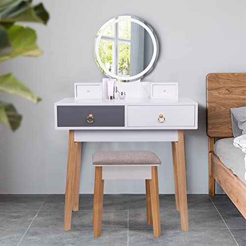 Tidyard Makeup Vanity Set with 3-Color Dimmable Lighted Mirror and Stool for Bedroom, Dressing Room