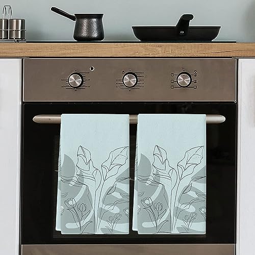 Kitchen Towels Modern Flower Plant Leaves Absorbent Tea Towel Soft Hand Dish Towel Blue Gray Reusable Washable Cleaning Cloth Hand Bath Towels for Bathroom Bar for Everyday Cooking (Pack of 2)