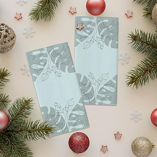 Kitchen Towels Modern Flower Plant Leaves Absorbent Tea Towel Soft Hand Dish Towel Blue Gray Reusable Washable Cleaning Cloth Hand Bath Towels for Bathroom Bar for Everyday Cooking (Pack of 2)