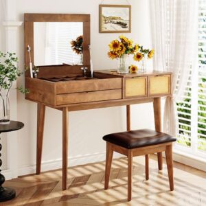 Tidyard 43.3" Classic Wood Makeup Vanity Set with Flip-top Mirror and Stool, Dressing Table with Three Drawers and Storage Space, Brown for Bedroom, Dressing Room