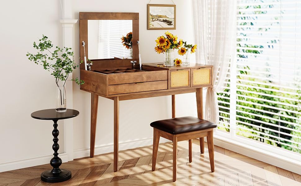 Tidyard 43.3" Classic Wood Makeup Vanity Set with Flip-top Mirror and Stool, Dressing Table with Three Drawers and Storage Space, Brown for Bedroom, Dressing Room