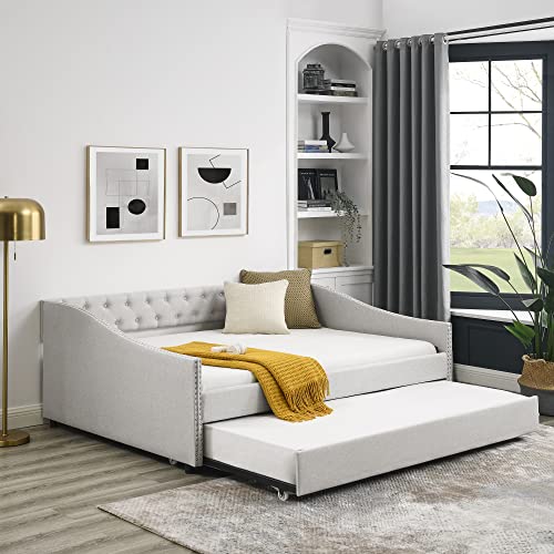 OMGO Upholstered Full Size Daybed with Twin Trundle, Solid Wooden Sofa Bed Frame w/Button Tufted Backrest and Copper Nail on Waved Shape Arms, No Spring Box Need, Space-Saving Design