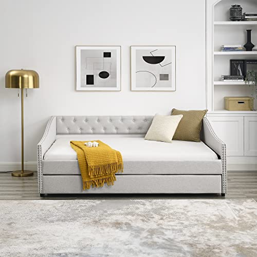 OMGO Upholstered Full Size Daybed with Twin Trundle, Solid Wooden Sofa Bed Frame w/Button Tufted Backrest and Copper Nail on Waved Shape Arms, No Spring Box Need, Space-Saving Design