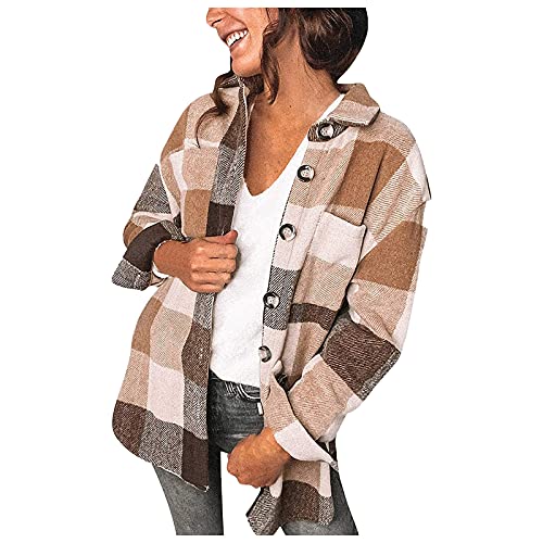 Plaid Shacket Jacket for Women Fall Winter Cute V Neck Long Sleeve Button Down Blouses Tops Flannel Outerwear Jackets Coats