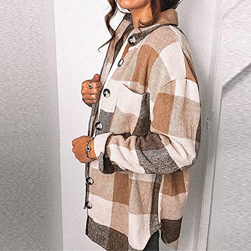 Plaid Shacket Jacket for Women Fall Winter Cute V Neck Long Sleeve Button Down Blouses Tops Flannel Outerwear Jackets Coats